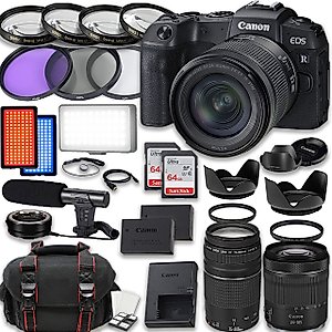 Canon EOS RP Mirrorless Camera with RF 24-105mm f/4-7.1 is STM Lens + 75-300mm III Lens, Accessories Including: 2X 64GB Memory Cards, LED Video Light, Microphone, Extra Battery, Case & More (Renewed)