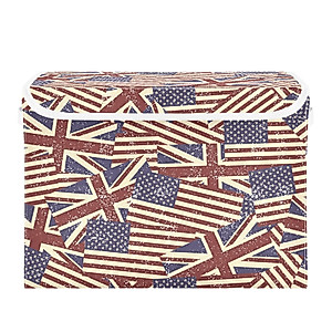 Vnurnrn Collapsible Storage Bin with Lid (British Usa Flag), Foldable Storage Basket Cube for Clothes Toys 16.5×12.6×11.8 Inches