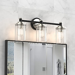 PHIXART Bathroom Lighting Fixtures Black and Brushed Nickel Bathroom Vanity Light with Cylindrical Clear Stripes Glass Lampshade E26 Socket Base Bathroom Lighting Fixtures Over Mirror (3 Lights)