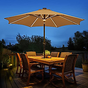 BLUU MAPLE 9 FT Outdoor Solar Patio Umbrella LED Table Umbrellas with 16 LED Strip Lights & Hub Light, Aluminum Frame, 3 YEARS Fade Resistance & UV Protection Olefin Fabric - Cream Beige