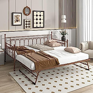 kuurfuurdo Twin Daybed with Trundle Bed, Day Bed with Trundle Bed Twin Pop Up, Metal Daybed Frame, Steel Slat Support Twin Trundle Bed Frame for Kids Teens Adults, No Box Spring Needed