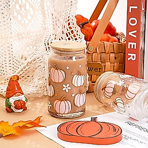 Whaline 2 Pack Fall Drinking Glasses 16oz Pumpkin Flower Star Glass Cup Pink White Pumpkin Iced Coffee Cup with Lid Straw Cleaning Brush for Autumn Thanksgiving Cocktail Whiskey Beer Soda Gifts
