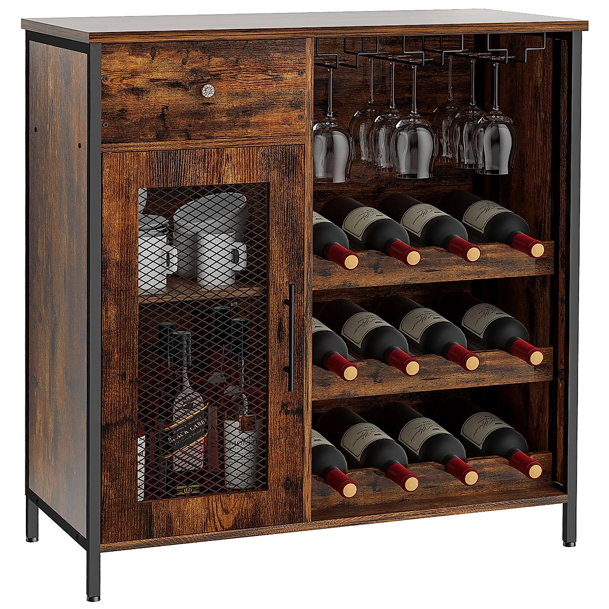 3-Tier Wine Bar Cabinet with Detachable Wine Rack and Drawer, Industrial Sideboard and Buffet Cabinet with Glass Holder, Coffee Bar Cabinet with mesh Door for Home & Kitchen, Rustic Brown