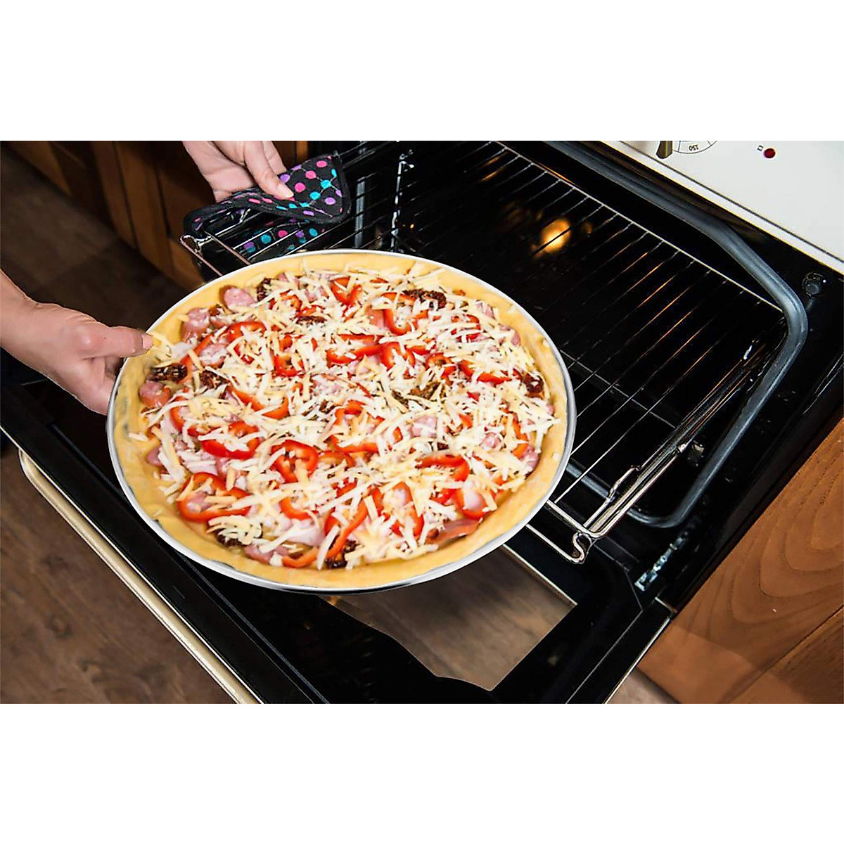 TeamFar Pizza Pan, 13.4 inch Stainless Steel Pizza Pan Set Large Pizza Oven Pans Tray for Baking Serving, Healthy & Heavy Duty, Oven & Dishwasher Safe - 2 Piece
