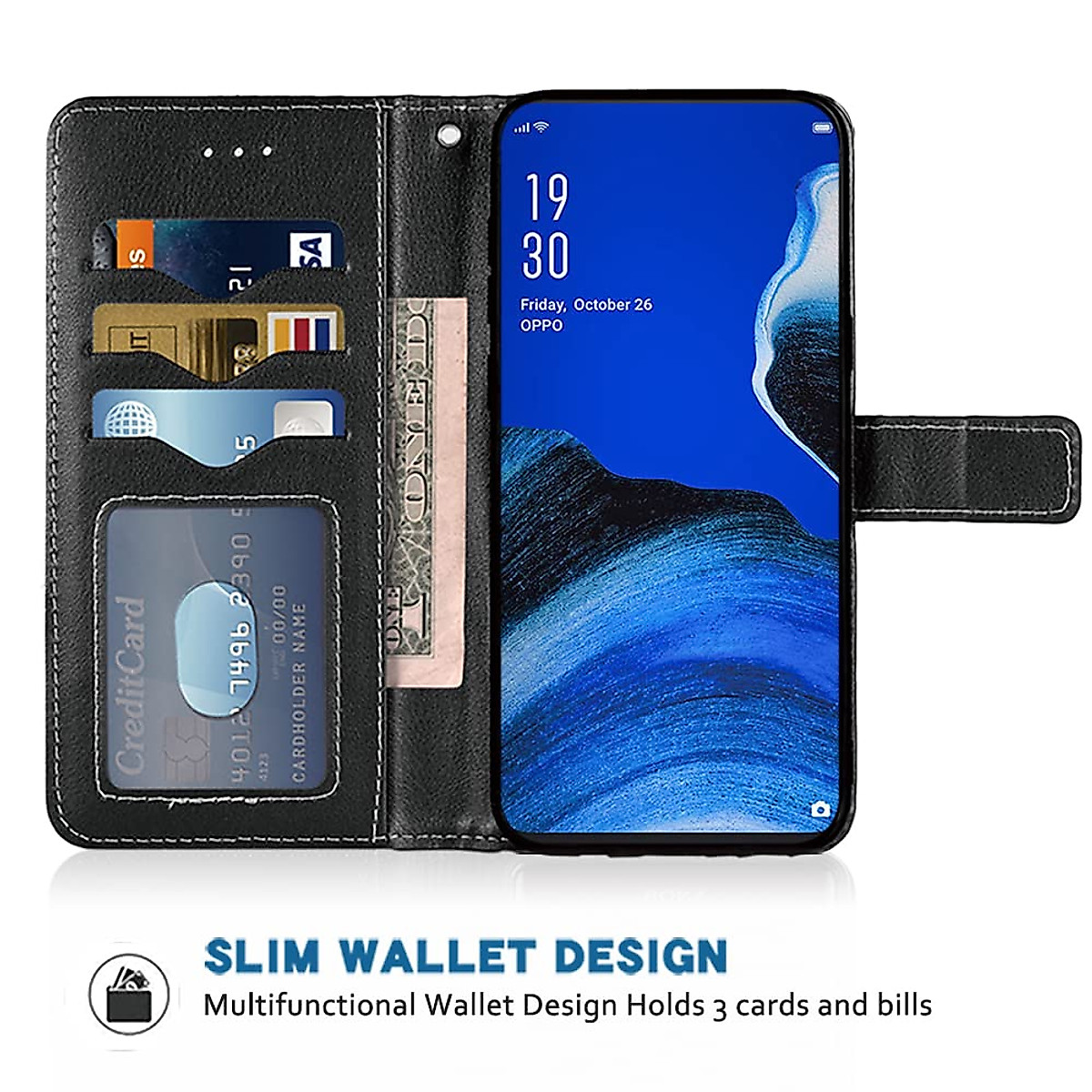 FDCWTSH Compatible with Oppo Reno 2Z Wallet Case Wrist Strap Lanyard and Leather Flip Card Holder Stand Cell Accessories Phone Cover for Oppo Reno2 Z/Reno2 F CPH1945 CPH1951 Women Men Black