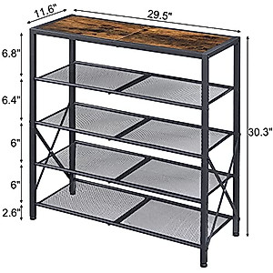 Tajsoon 5-Tier Shoe Rack Organizer, Industrial Shoe Rack for Closet Entryway, Metal Mesh Shoe Storage Shelf with X Shape Fixed Frame, with 2 Hooks, Rustic Brown & Black