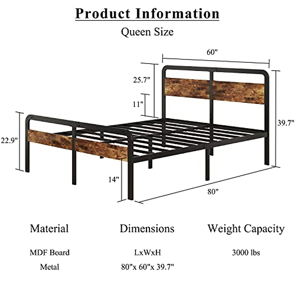 Upcanso Queen Bed Frame with Wood Headboard and Footboard, Platform Bed Frame Queen Size No Box Spring Needed with Heavy Duty Slats, Easy Assembly