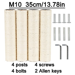 NEUMIHARO 4 Pcs 3.1in 7.9cm Diameter Cat Scratching Post Replacement Sisal Pole with Screws and Bolts and Wrench for Cat Tree Condo (35cm/13.78in, M10)