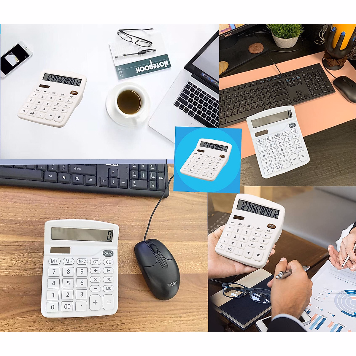 YOUHO Calculator, 12-bit Solar Battery Dual Power Standard Function Electronic Calculator with Large LCD Display Office Calculator White