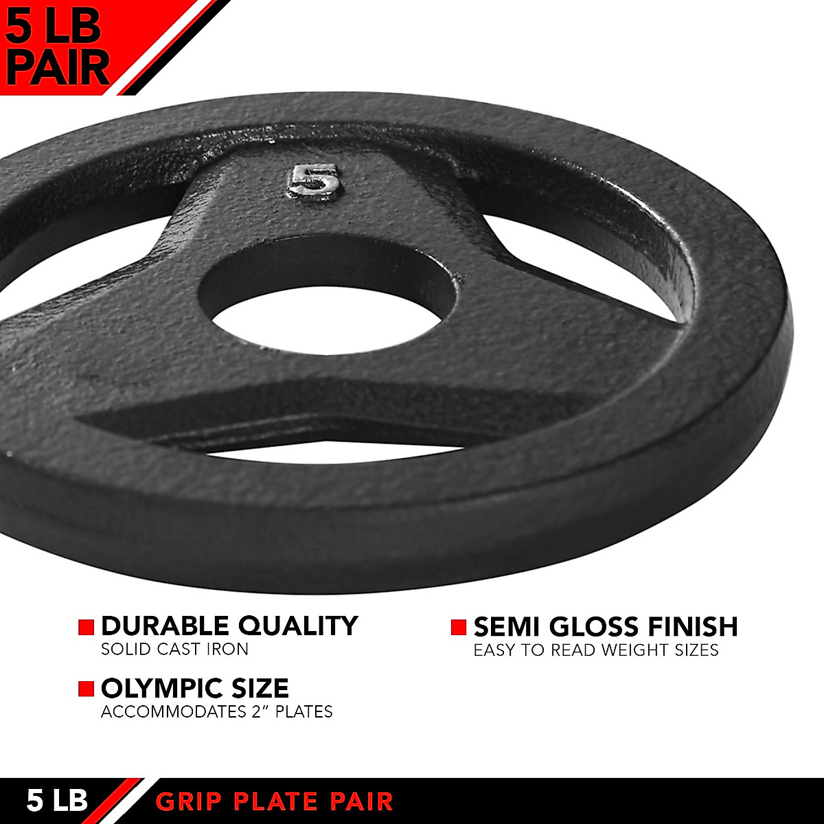 JFIT Cast Iron Olympic 2-Inch Grip Plate for Barbell, Set of 2 Plates, 5 LB