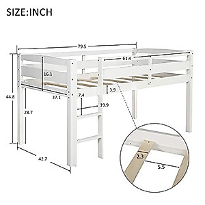 Merax LUMISOL Junior's Low Loft Bed for Kids, Twin Loft Bed with Guard Raill and Built-in Ladder, Bed Bedroom Furniture (White)
