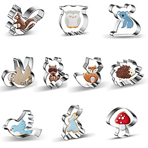 Woodland Animal Cookie Cutter Set - 10 Piece - Squirrel, Owl, Koala, Sloth, Raccoon, Fox, Hedgehog, Bird, Bunny, Mushroom Animal Cookie Cutters Shapes Biscuit Fondant Molds for Kids - Stainless Steel