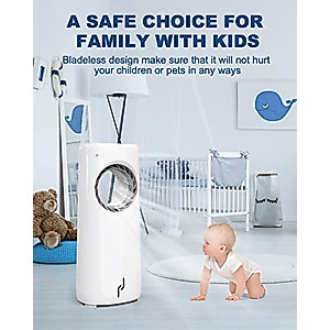 Evaporative Air Cooler Portable 3 Modes, Cooling Fan Humidification with Remote Control Bladeless Tower Fan 3 Wind Speeds, 60° Oscillation, 7.5H Timer, for Bedroom Living Rooms Office