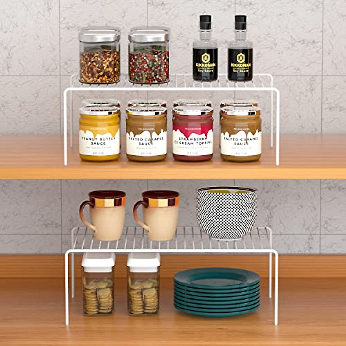 GEDLIRE Mini Kitchen Cabinet Shelf Organizers Set of 4, Small White Wire Storage Shelves Rack for Pantry, Metal Dish Plate Organizer Rack for Cabinet, Cupboard, Kitchen Organizers and Storage