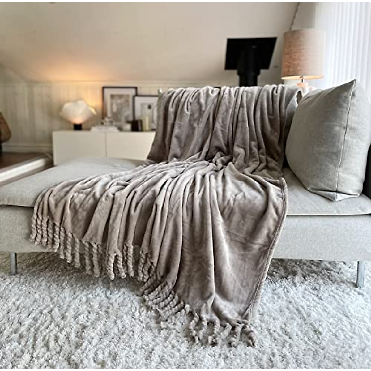 ODDS & ENDS HOME Warm Fuzzy & Supercozy Throw Blanket for Sofa - Taupe Blankets & Throws for Couch and Bed. Full Size Blanket Throw Extra Large Lap Warmer