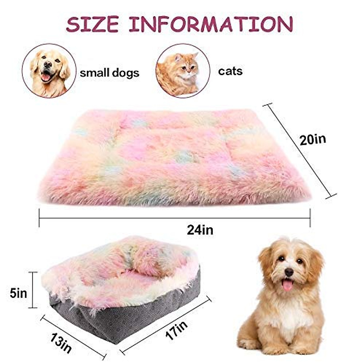 Chintu Rainbow Pet Bed Mat, Washable, Faux Fur, 24 x 20 Inches, for Small Medium Dogs and Cats, 2-in-1 Design