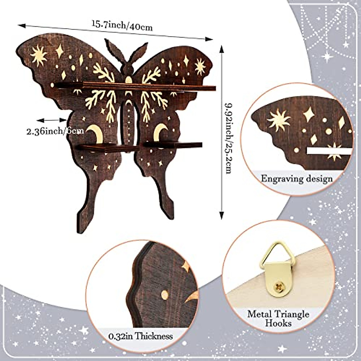 Yulejo Crystal Shelf Display Rustic Wooden Cat Moon Shelves Moth Hamsa Hand Wolf Crystal Holder Shelves Wooden Floating Shelf for Rock Gemstones Meditation Spiritual Gift for Home Bedroom (Moth)