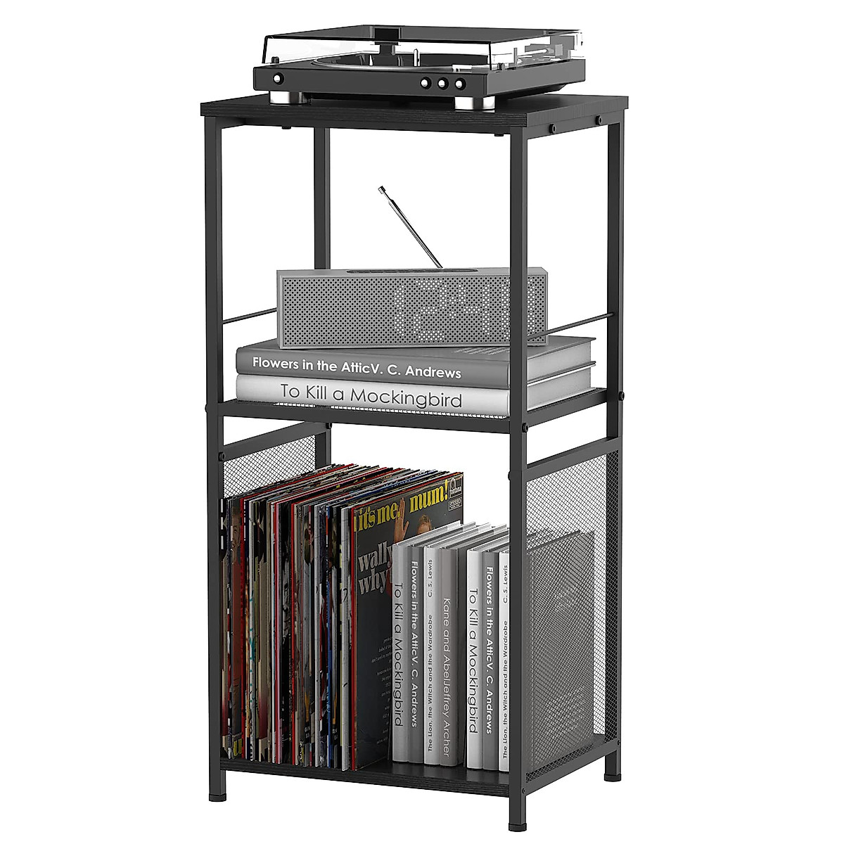 CADUKE Vinyl Record Stand 3 Tier Record Player Stand with Vinyl Storage Turntable Stand with Shelf Black Record Player Table Industrial Vinyl Record Player Display Stand for Living Room Bedroom