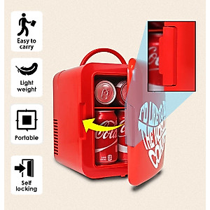 Coca Cola World 1971 Series Portable 6 Can Thermoelectric Mini Fridge Cooler/Warmer, 4 L/4.2 Quarts Capacity, 12V DC/240V AC for Home, Dorm, car, Boat, Beverages, Snacks, Skincare, Cosmetics