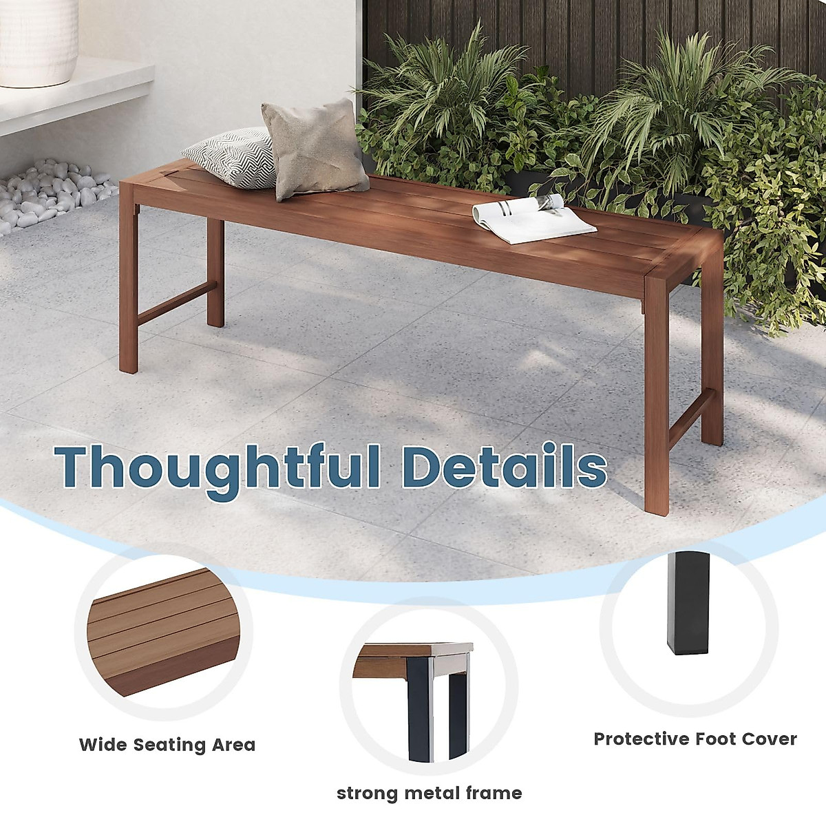 DIFY 3 Pcs Outdoor Furniture Set, Patio Dining Set with Metal Frame Rectangular Picnic Table and Outdoor Metal Backless Benches for Balcony, Poolside and Deck, Walnut