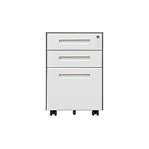 3-Drawer Mobile File Cabinet with Lock, Office Storage Filing Cabinet for Legal/Letter Size, Pre-Assembled Metal File Cabinet Except Wheels Under Desk (White+Gray)