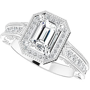 Moissanite World 2CT Emerald Cut Colorless Moissanite Engagement Ring Wedding Band Gold Silver Eternity Solitaire Ring Halo Ring Vintage Antique Anniversary Promise Gift Her (7.5)