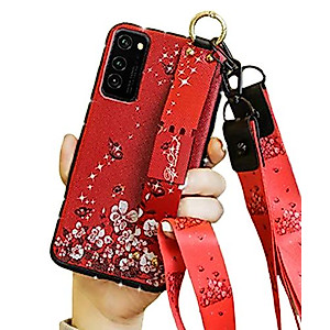 Aulzaju for S21 Ultra Case Luxury Bling Diamond Cute Flower Design with Ring Kickstand Soft TPU Crossbody Lanyard Phone Cover with Strap for Girls Women for Samsung Galaxy S21 Ultra (Red)