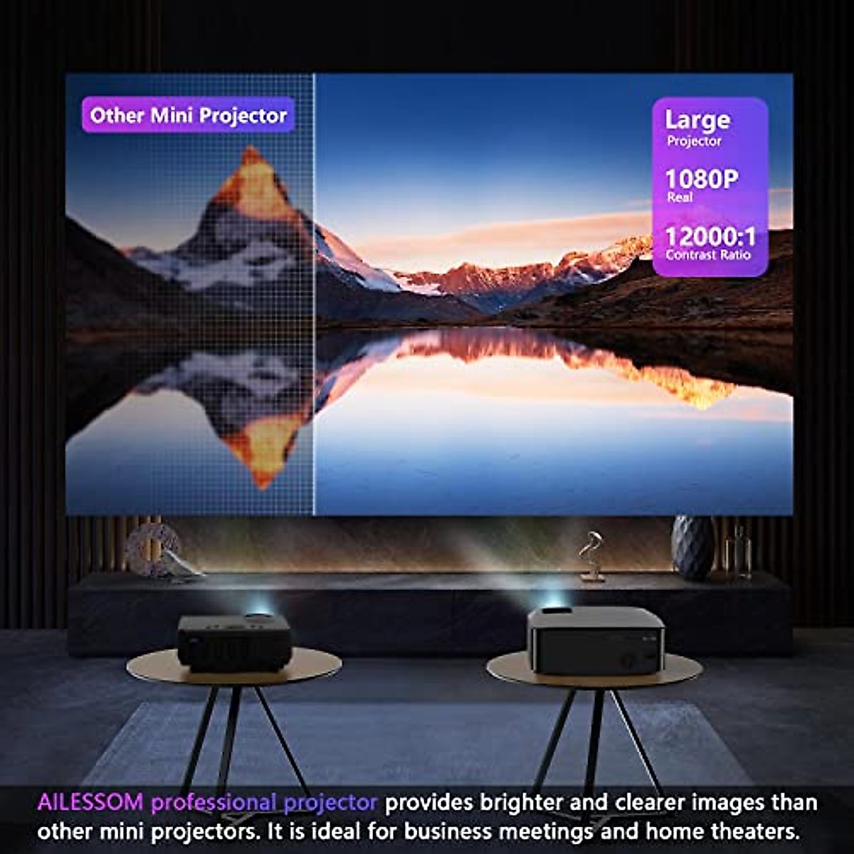 Native 1080P 5G WiFi Bluetooth Projector, AILESSOM 750ANSI 450" Display Support 4K Movie Projector, High Brightness for Home Theater and Business, Compatible with iOS/Android/TV Stick/PS4/HDMI/USB/PPT