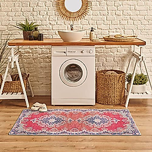 DECOMALL Washable Kitchen Rugs and Mets Set, 2 Piece Kitchen Rug Runner with Rubber Backing Non-Slip, Red Rug for Washroom, Door Mat, Sink, Laundry, Hallway, Machine Washable Mat ThinRed