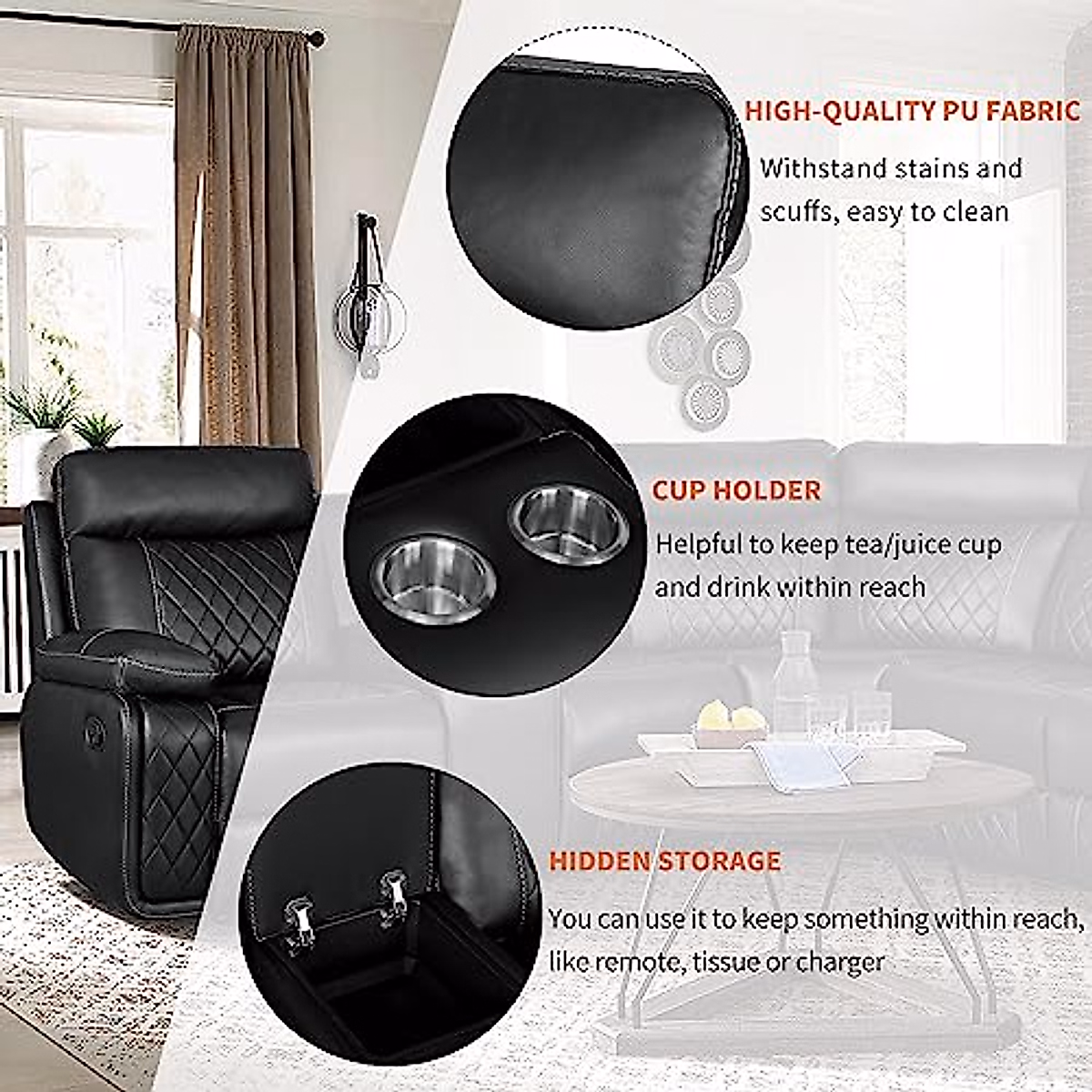 Merax, Black Home Theater Seating Manual Cup Holder, Hide-Away Storage PU Reclining Sofa Couch for Living Room