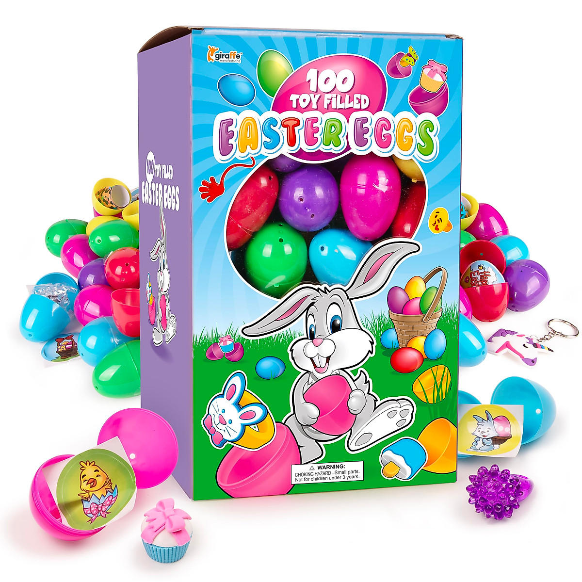 100-Pcs Easter Eggs with Toys Inside I Prefilled Easter Eggs Includes Slap Bracelets, Sticky Hands, Light Up Rings & More I Plastic Easter Egg Fillers for Your Easter Egg Hunt Bulk Easter Party Favors