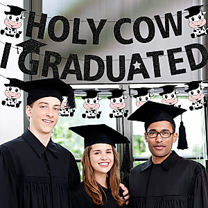 Cow Graduation Banner Holy Cow I Graduated Banner, Cow Congrats Graduation Decoration with Black Cap Pre-assembled Class Of 2023 Graduation Party Decoration Supplies for High School College