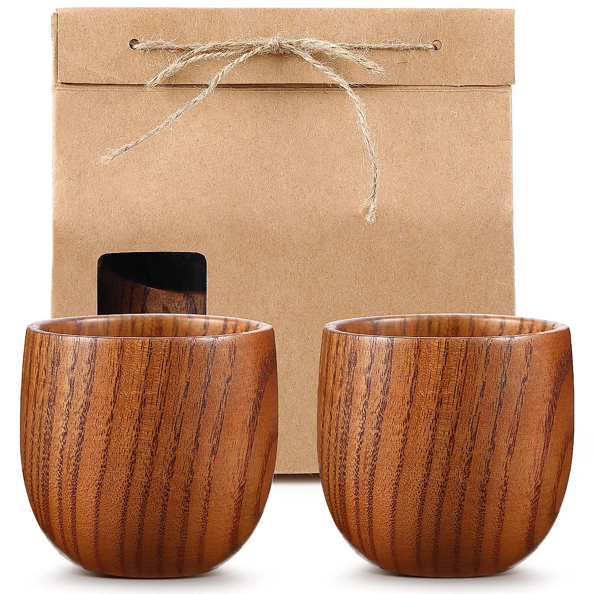 Yinder 2 Pcs Wooden Bourbon Glass Bourbon Gifts for Men 180 ml Wooden Cup with Kraft Bag for Whiskey Sake Tea Home Bar Drink Lover Men Valentine's Day Anniversary Wedding Birthday Gift for Christmas