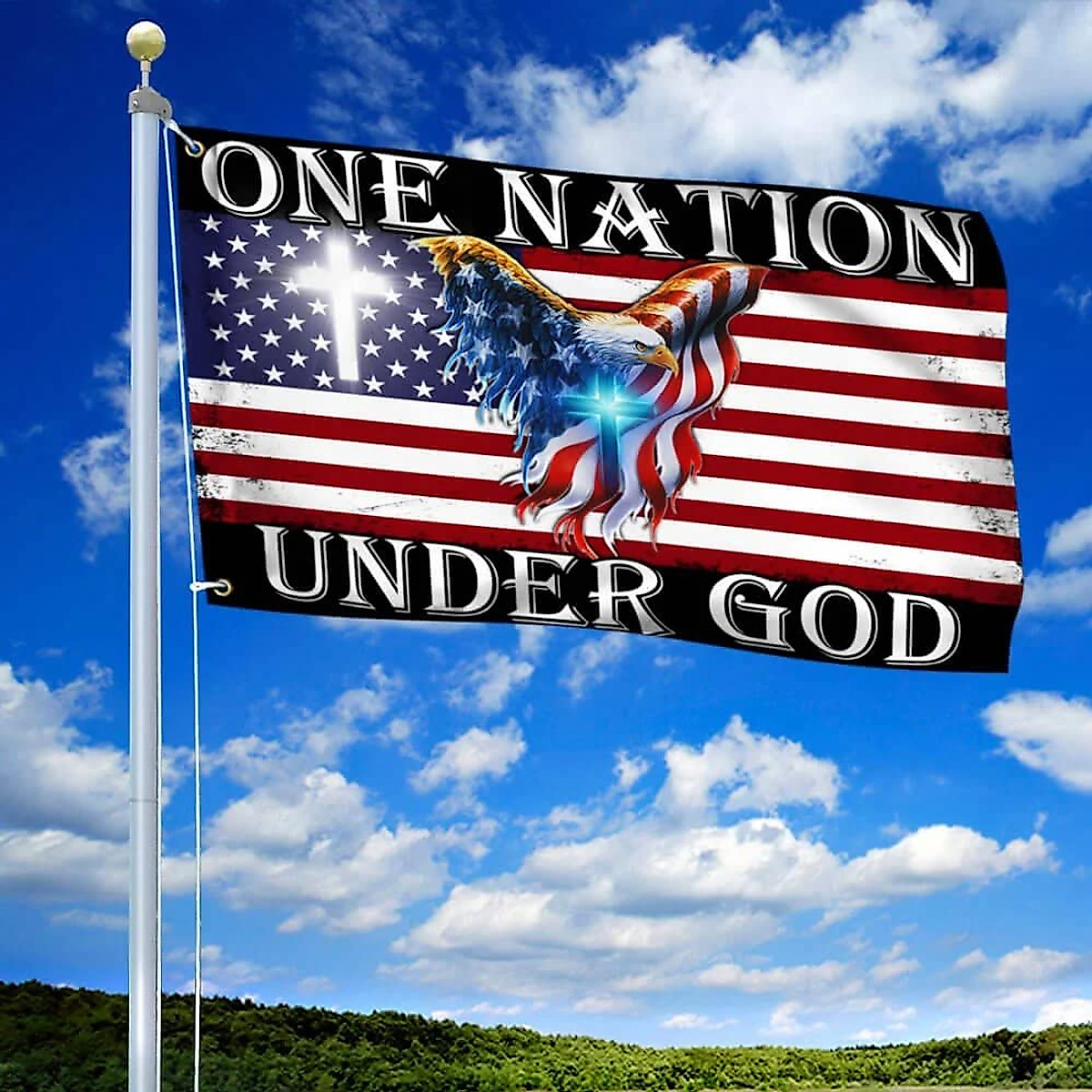 One Nation Under God American Eagle Grommet Flag 3x5 Outdoor Double Sided Faithgee One Nation Under God Flag with Flagpole Rings Jesus American Flag with Christian Cross Garden Yard Unique Flags