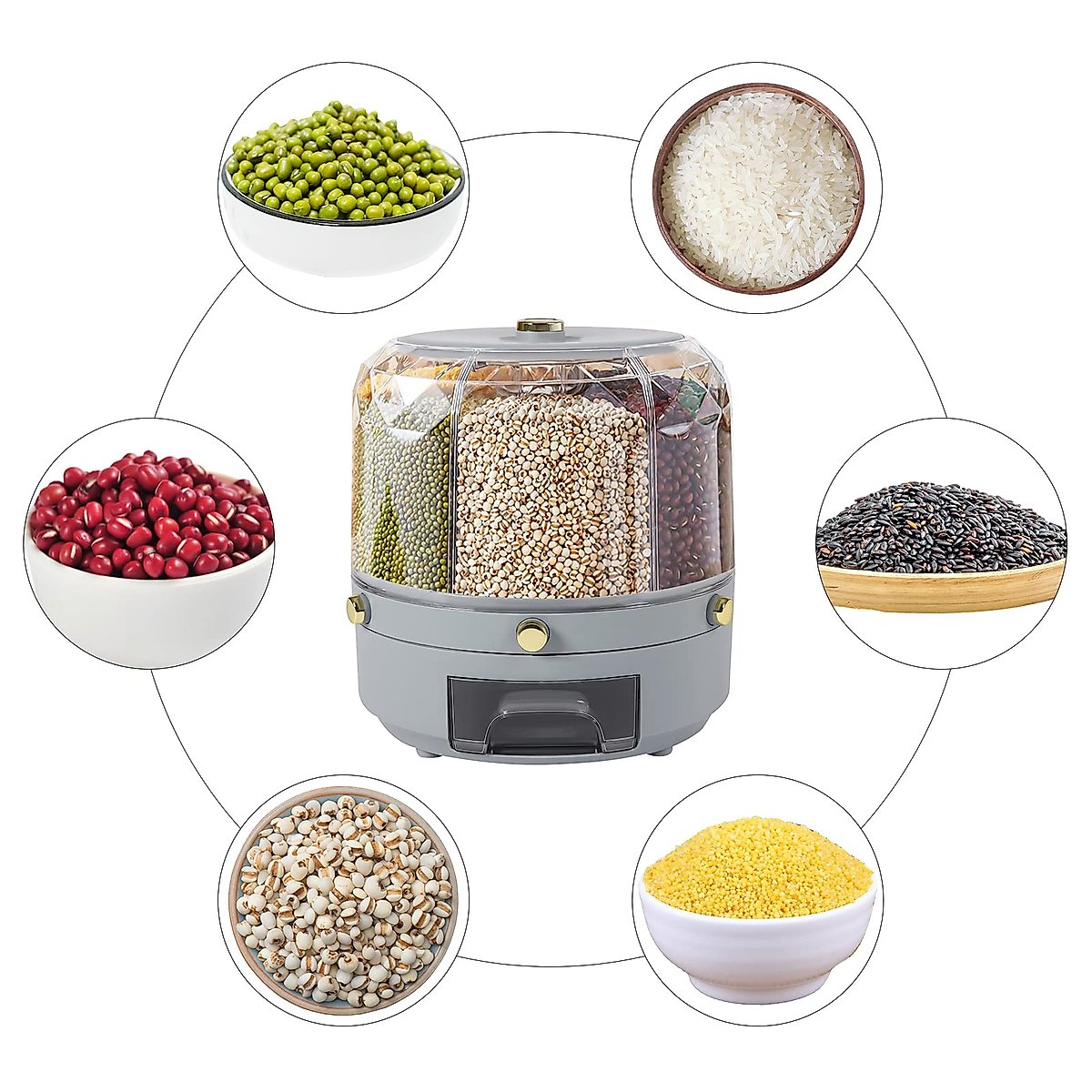 LUGBING One-Click Rice Output Food Containers, 360° Rotatable Grain Separate Storage Box 6 Grid Household Kitchen Storage Container for Rice, Beans, Grains Rotating Rice Dispenser