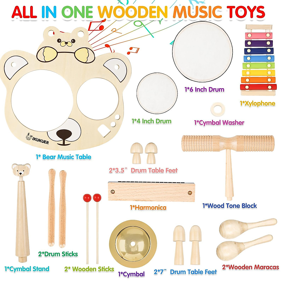 Toddler Musical Instruments Set, 9 in 1 Wooden Percussion Instruments for Toddlers, Montessori Musical Instruments for Boys Girls Early Learning
