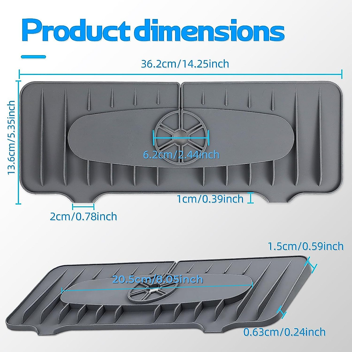 Silicone Faucet Splash Guard, 14.25 Inch Faucet Water Catcher Mat, Two water outlets Silicone Sink Mat, Faucet Handle Drip Catcher Tray Mat for Kitchen Countertop and Bathroom Sink Protectors (Grey)