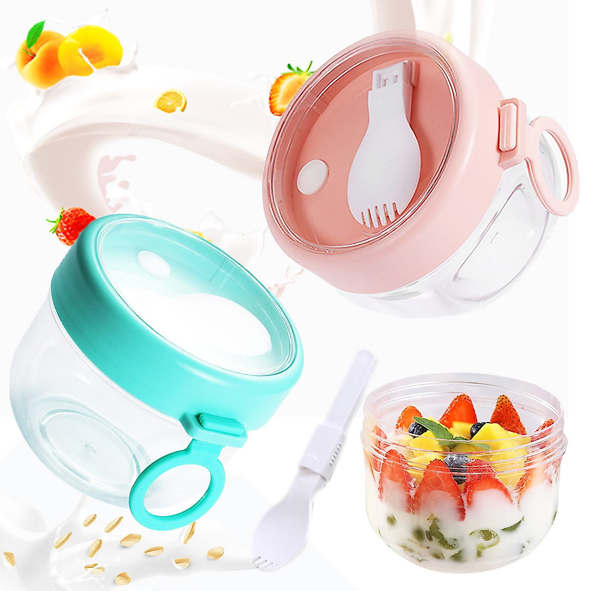 2PCS Overnight Oat Containers with Lids and Spoons, 20oz Portable Plastic Overnight Oats Jars, Leak-proof Breakfast On The Go Cups, Yogurt, Cereal, Milk, Salad Storage Container, Dishwasher Safe