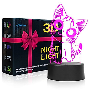 i-CHONY Cat Gift Night Light for Kids,Auto 7 Colors Changing Cat Table Lamp,3D Illusion Bedside Lamp,Cute Cat Gifts for Women Teens Boys Girls Birthday Christmas Gifts