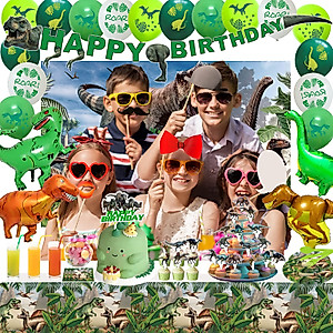 Dinosaur Birthday Party Supplies Decorations Include Backdrop, Tablecloth, Birthday Banners, Cake Decoration, Cupcake Toppers, Latex Balloons, Hanging Swirls, Tableware Set, Aluminum foil Balloon