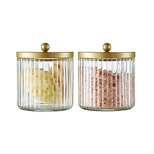 KMwares Glass Qtip Holder Dispenser Set for Cotton Ball, Swab, Round Pads, Floss Picks - Bathroom Canister Storage Organization and Vanity Makeup Organizer (2, Golden)