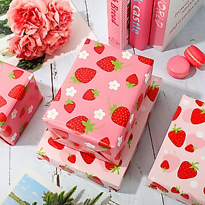 AnyDesign 8 Sheet Pink Strawberry Wrapping Paper -Not Roll- Spring Fruit Gift Wrap Paper Bulk Art Paper Folded Flat for DIY Crafts Birthday Baby Shower Party Favors Supplies, 19.7 x 27.6 Inch