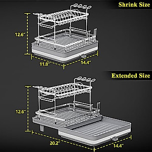 Z&L HOUSE Dish Drying Rack for Kitchen Counter, Upgraded 2 Tier Expandable Dish Dryer Rack Create More Space, Large Dish Rack with Automatic Drainer, Durable Metal Dishrack for Kitchen Gray