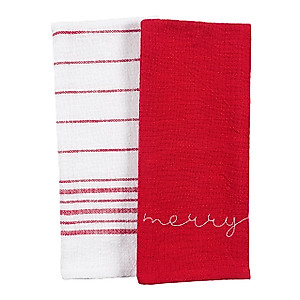 KAF Home Embroidered Holiday Kitchen Towels - Set of 4-100% Cotton, Enzyme Washed Slub, 18" x 28" (Merry)