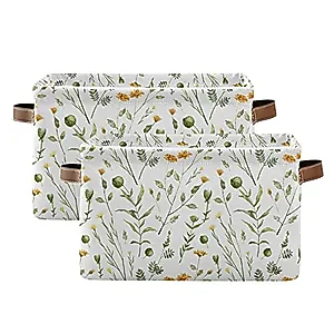 Large Foldable Storage Bin Green Leaves Branch Flowers Fabric Storage Baskets Collapsible Decorative Baskets Organizing Basket Bin with PU Handles for Shelves Home Closet Bedroom Living Room-2Pack