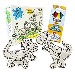Kiboo Kids Dinosaur Toys for Coloring - T-Rex and Triceratops, Cotton Canvas, Washable Markers Included, Sustainable Toys, Educational Arts & Crafts for Parents, Grandparents, Gifts for Preschoolers