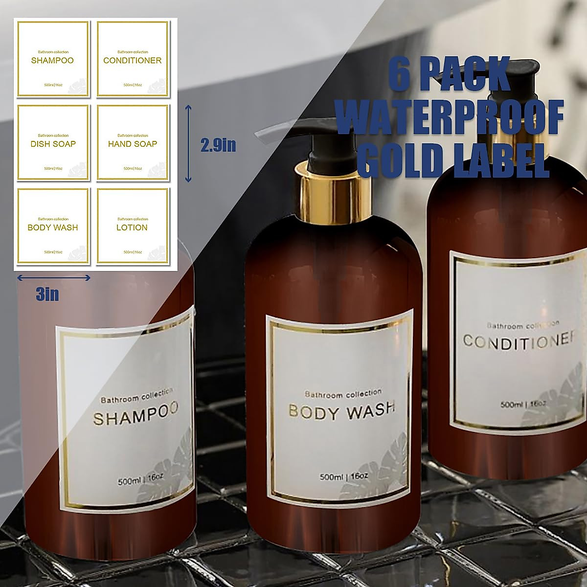 Akalin 16oz Shampoo and Conditioner Dispenser, Set of 3 Shampoo Bottles Refillable with Pump, 3 Shampoo and Conditioner Bottles, Shower Bottles Refillable with 6 Waterproof Labels (Brown)