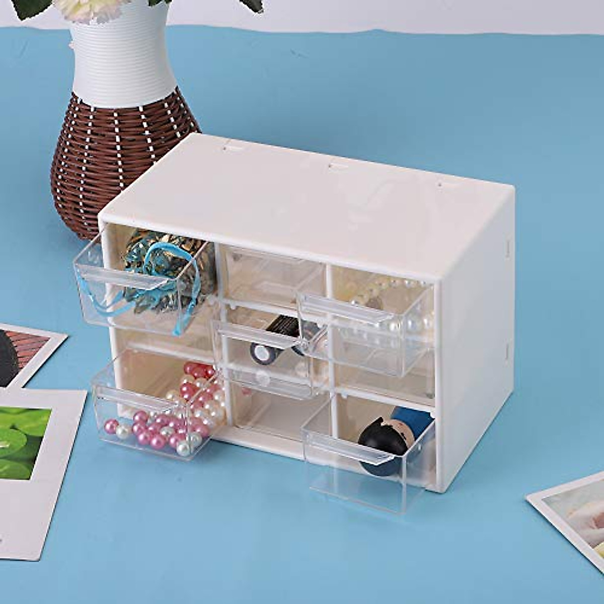 TOPINCN Drawer Storage Cabinet Plastic Jewelry Cosmetic Storage Box Portable 9 Lattice Mini Cabinets Drawer(White)