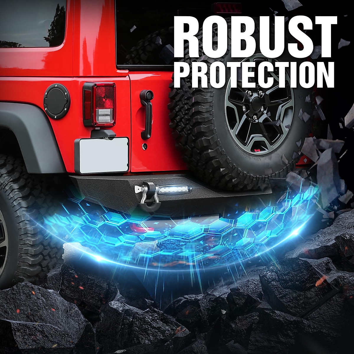 EYOUHZ Rear Bumper Compatible with 2007-2018 Jeep Wrangler JK JKU Unlimited Rock Crawler Rear Bumper Built-in 2" Hitch Receiver, D-Rings and 2 x 18W LED Lights for 2/4 Doors (Textured Black)