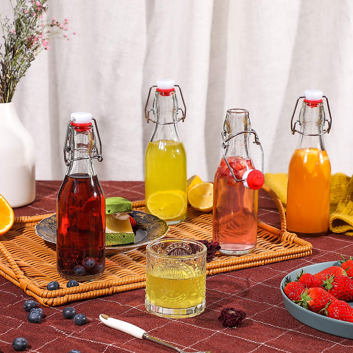 AOZITA 8-Pack 8.5oz Flip Top Glass Bottles, Swing Top Beer Brewing Bottle for 2nd Fermentation, Kombucha, Kefir, Vanilla Extract, Coquito, Juice, Tea - Airtight Stopper Cap Lid, Bonus 2 Bottle Pourers